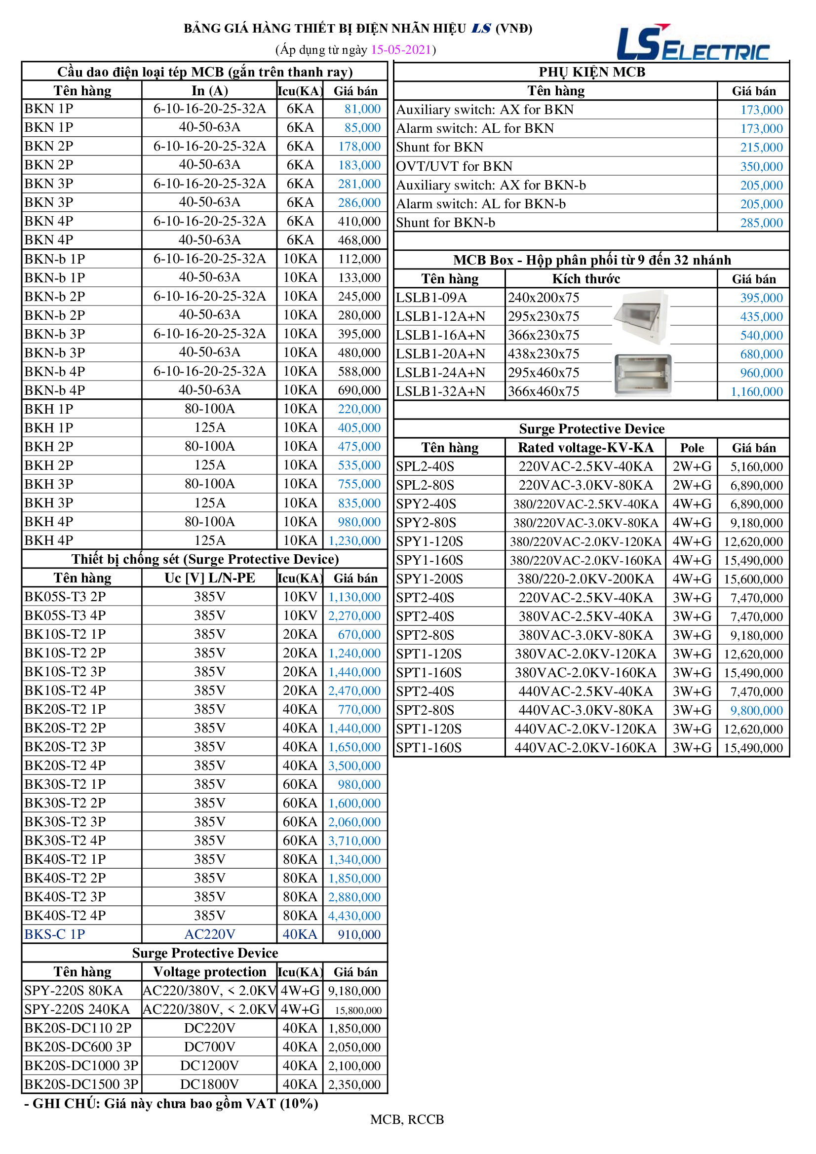 Dưới đây là bảng giá mcb ls 20a,32a,40a,63a … kèm file mcb ls catalogue