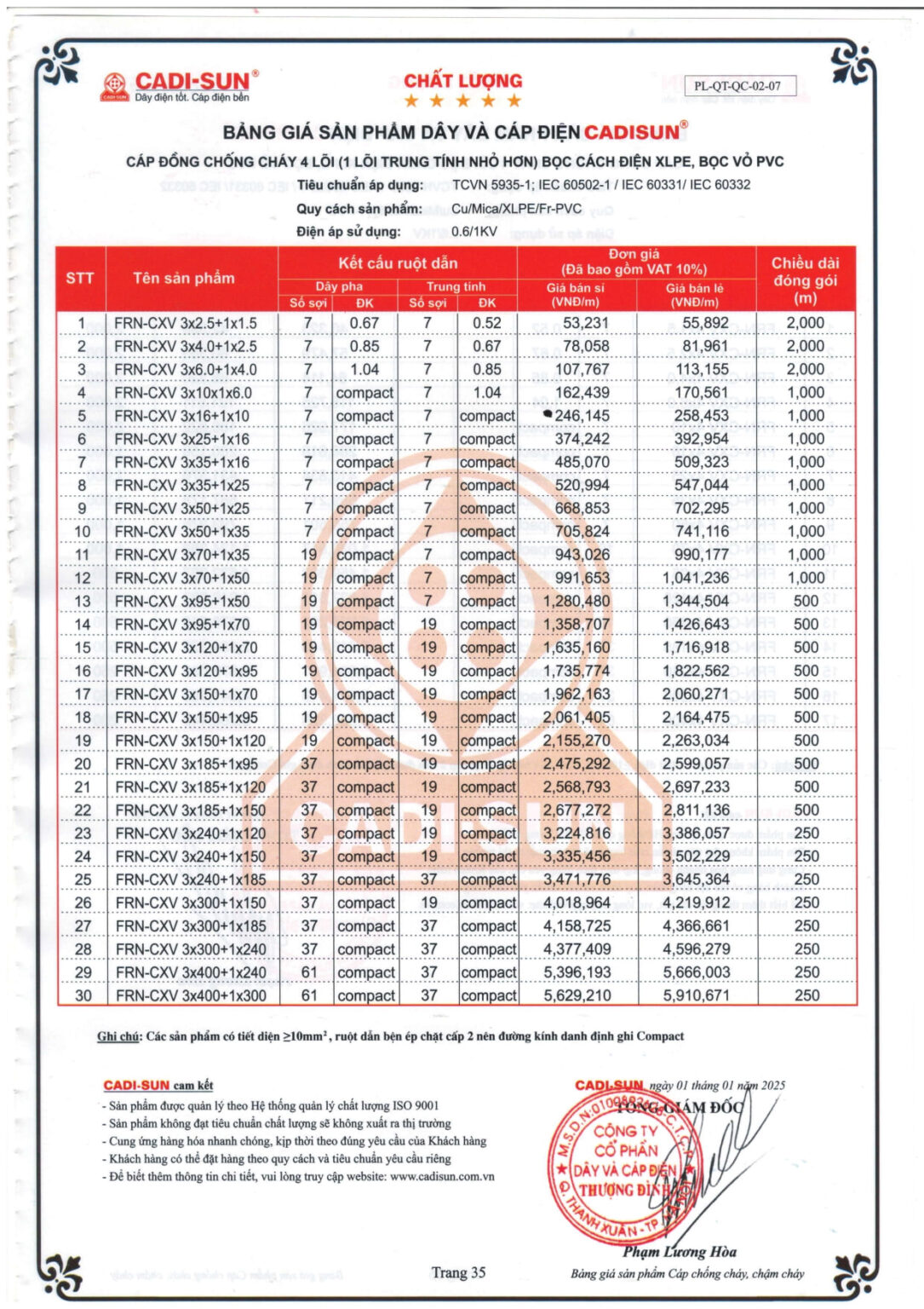 Bảng giá Cáp chống cháy Cadisun FRN-CXV 2025 mới nhất, cập nhật 5 ngày trước