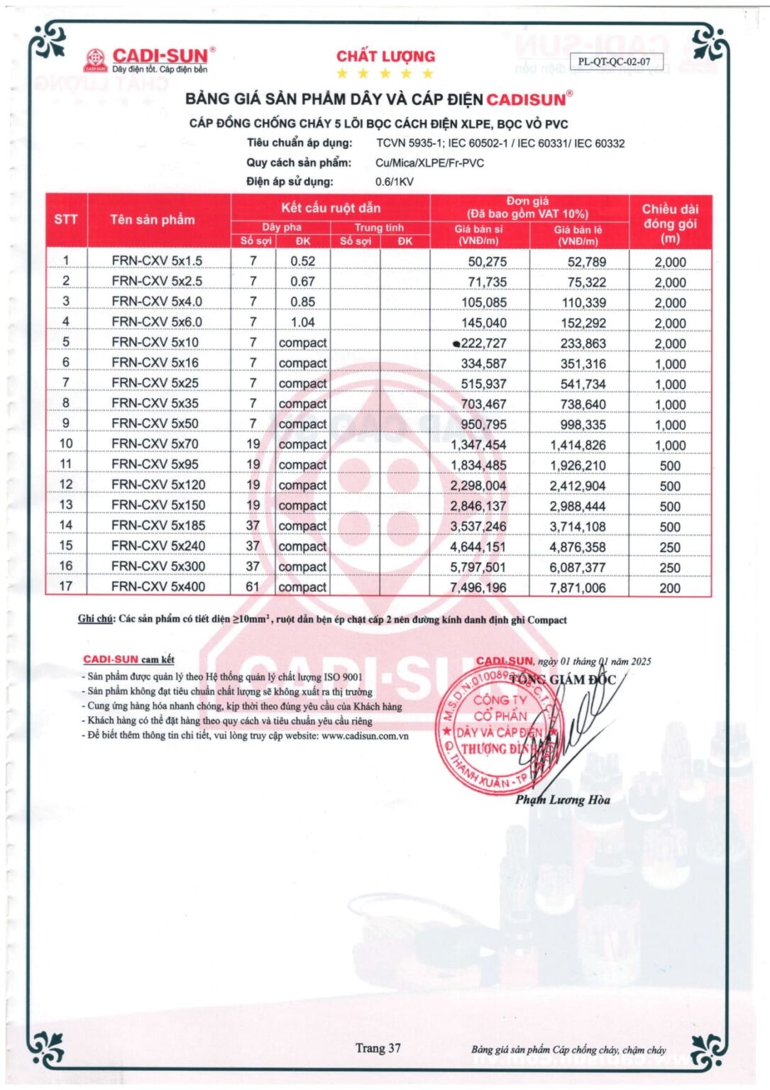 Bảng giá Cáp chống cháy Cadisun FRN-CXV 2025 mới nhất, cập nhật 5 ngày trước
